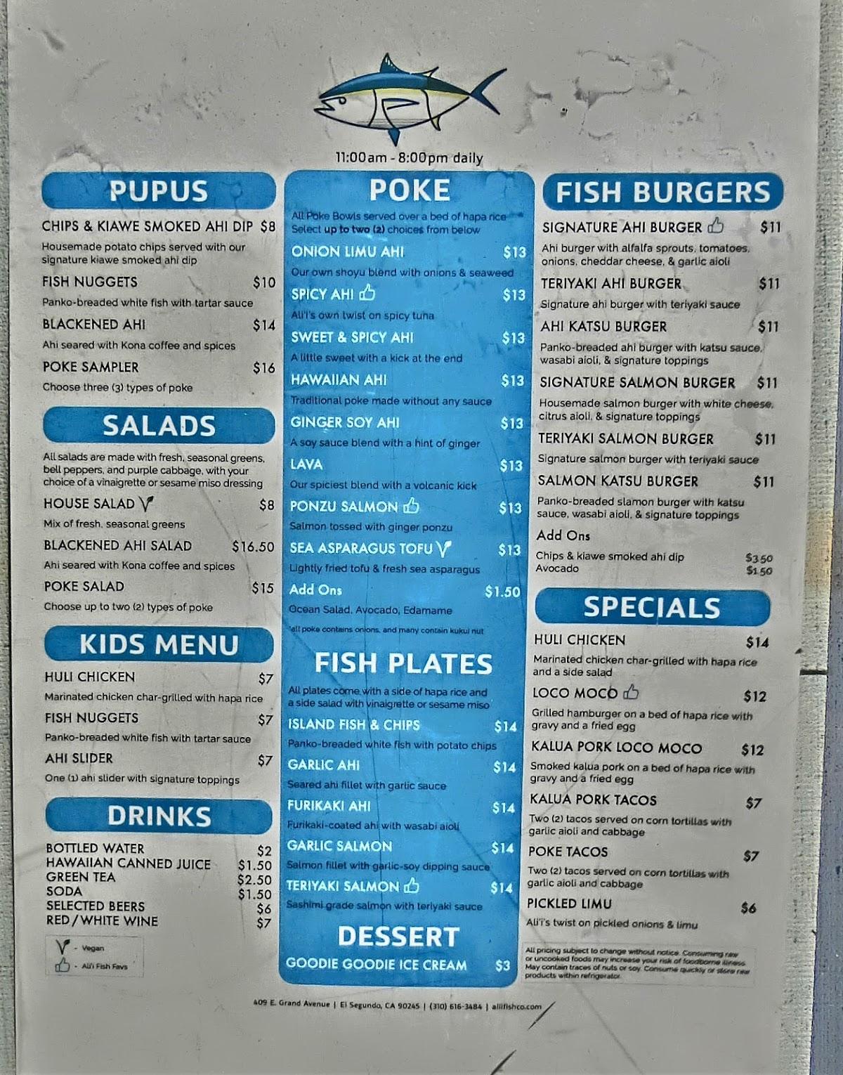 Menu at Ali'i Fish Company restaurant, El Segundo