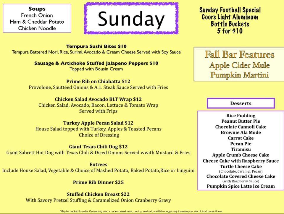 Menu at Cora's 1850 Bistro restaurant, Hawley, 525 Welwood Ave