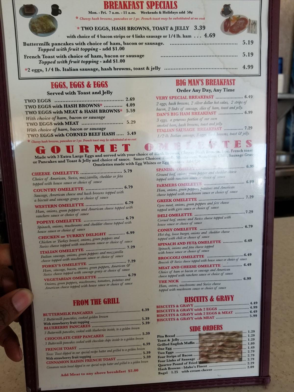 Menu at Dan's Diner restaurant, Warren