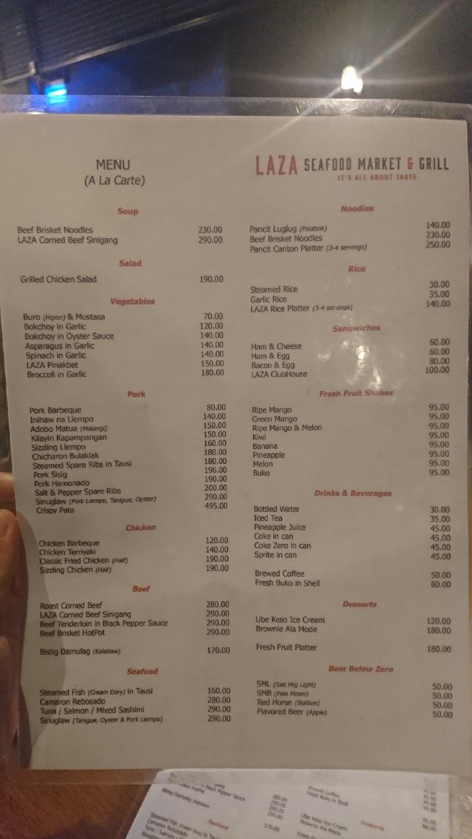Menu at LAZA Seafood Market & Grill restaurant, San Fernando