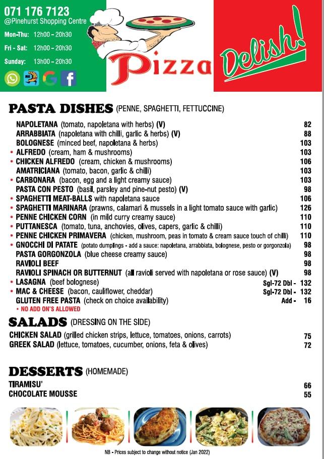 Menu at Pizza Delish! pizzeria, Cape Town, Shop 28 Pinehurst Shopping Mall