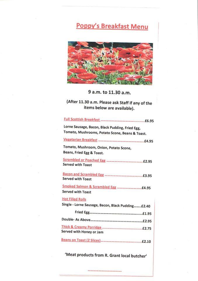 Menu at Poppy's Coffee Shop cafe, Golspie