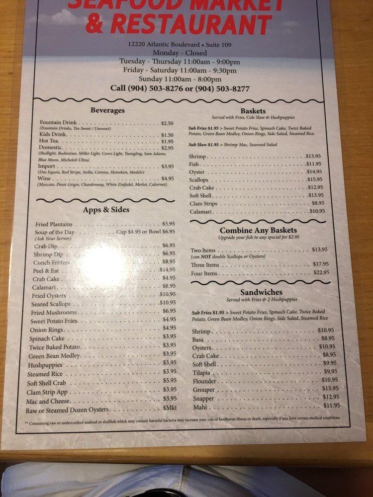 Menu at Sid & Linda's Seafood Market restaurant, Jacksonville