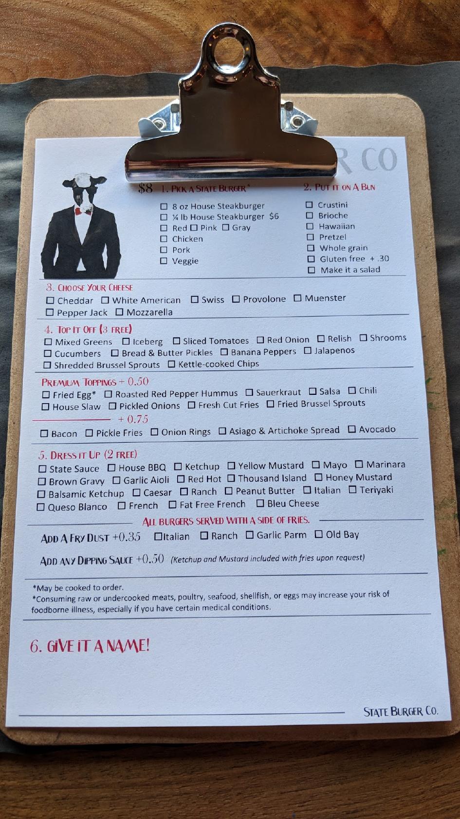 Menu at State Burger Co. restaurant, Bellefonte