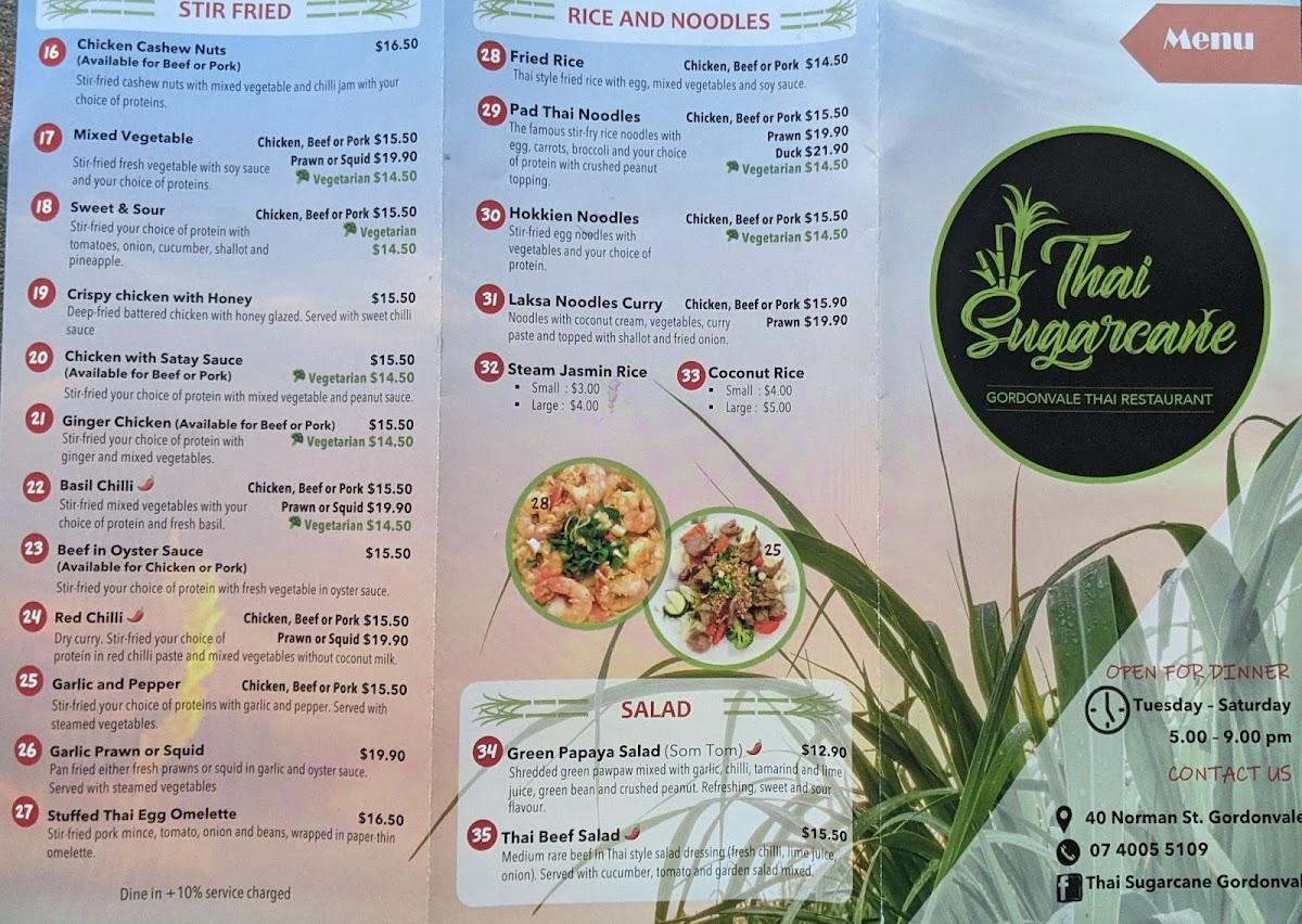 Menu at Thai Sugarcane Gordonvale Thai Restaurant, Gordonvale