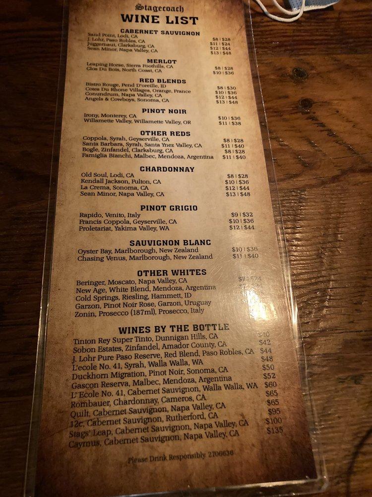 Menu at The Stagecoach Inn steakhouse, Garden City