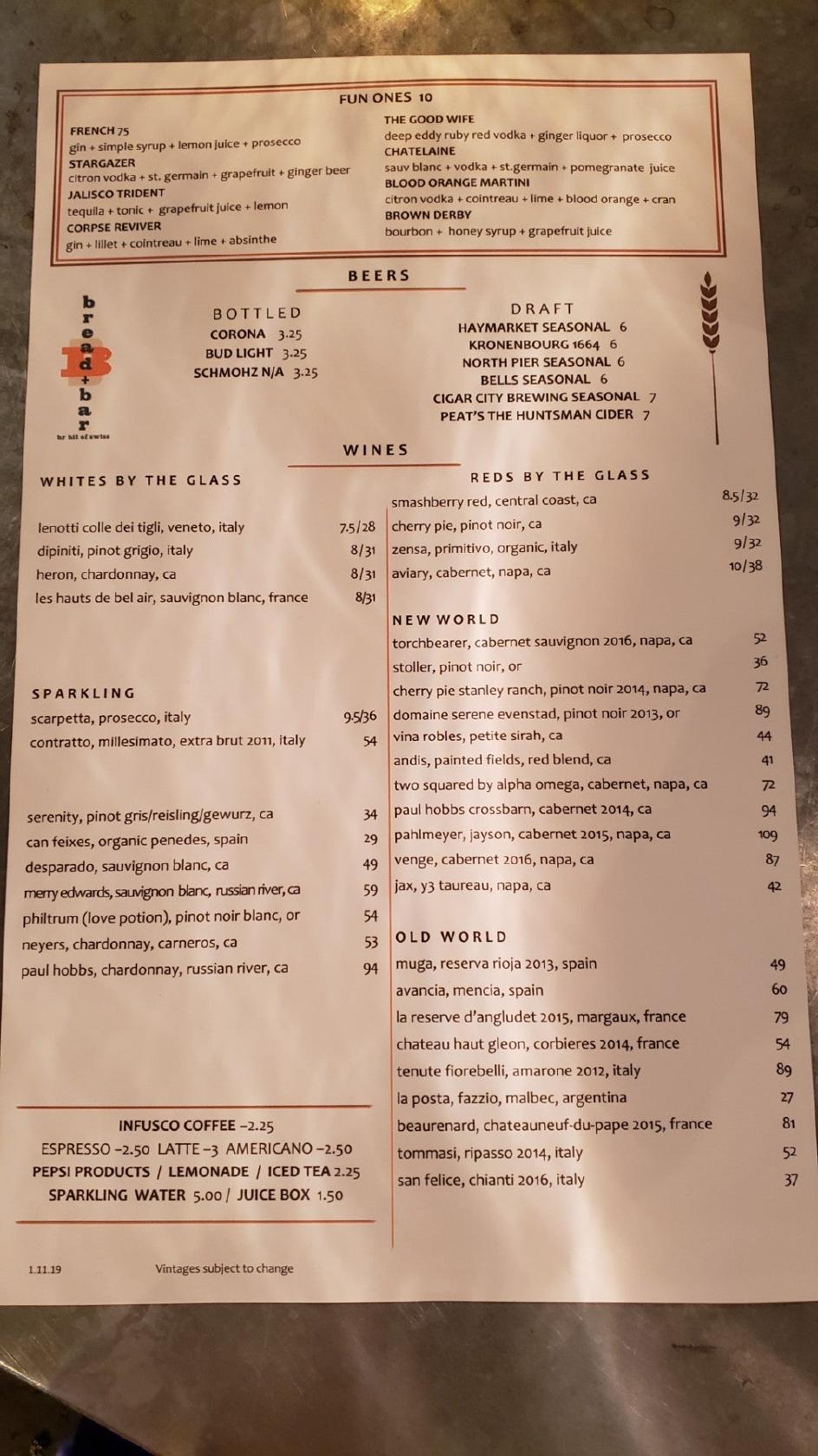 Menu at bread+bar, Benton Harbor