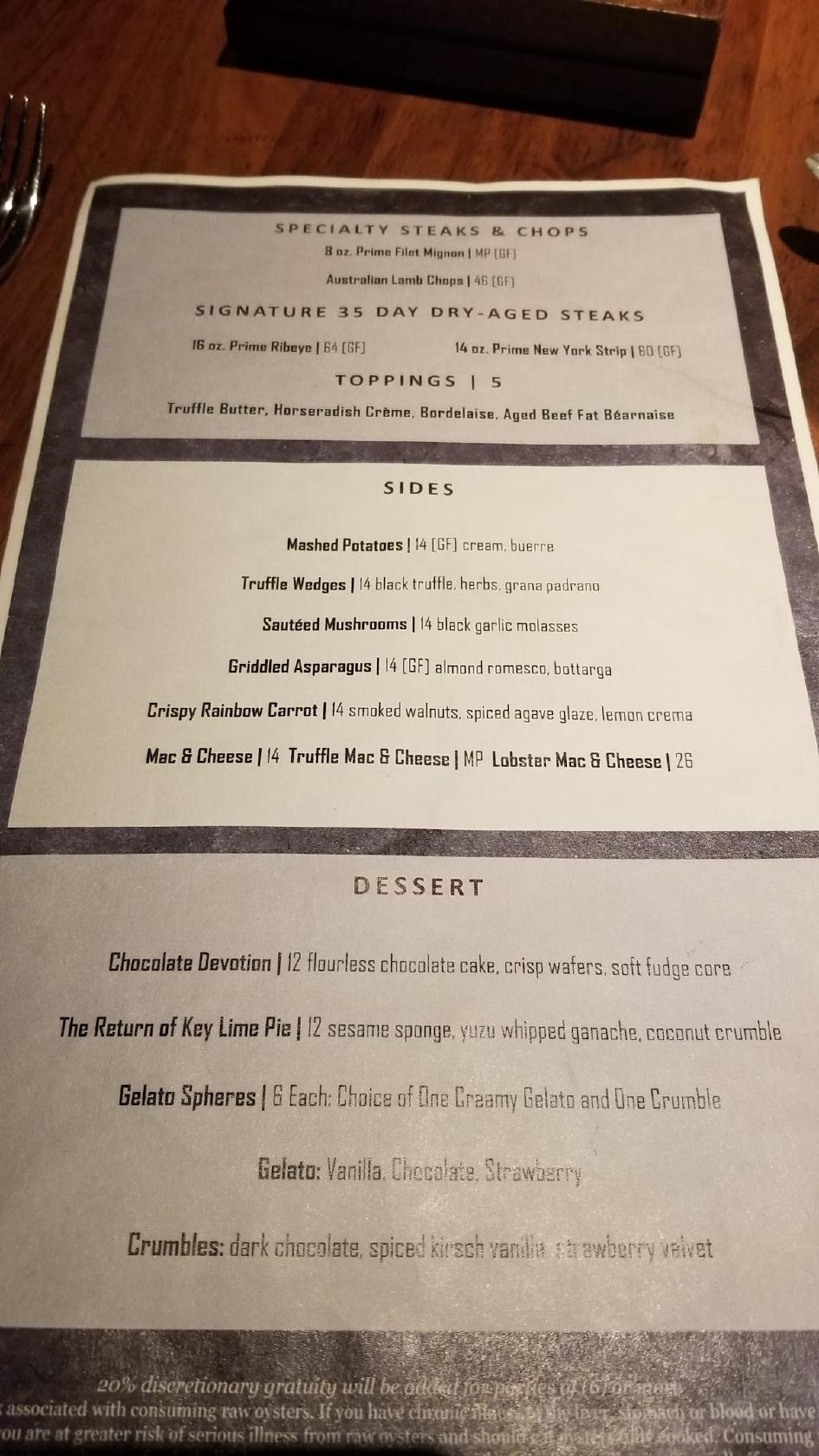 Menu at Ario restaurant, Marco Island