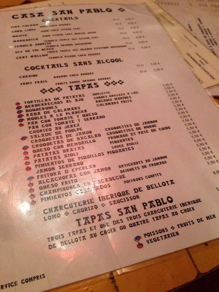 Menu at Casa San Pablo pub & bar, Paris