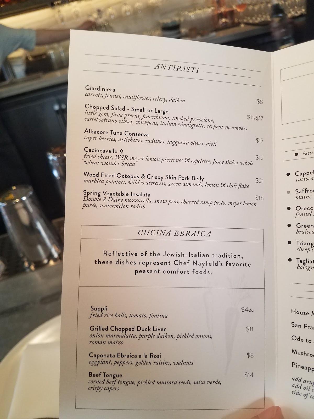 Menu at Che Fico restaurant, San Francisco