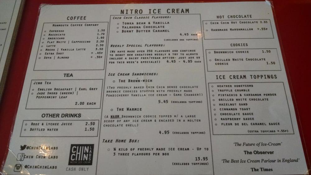 Menu at Chin Chin Labs desserts, London