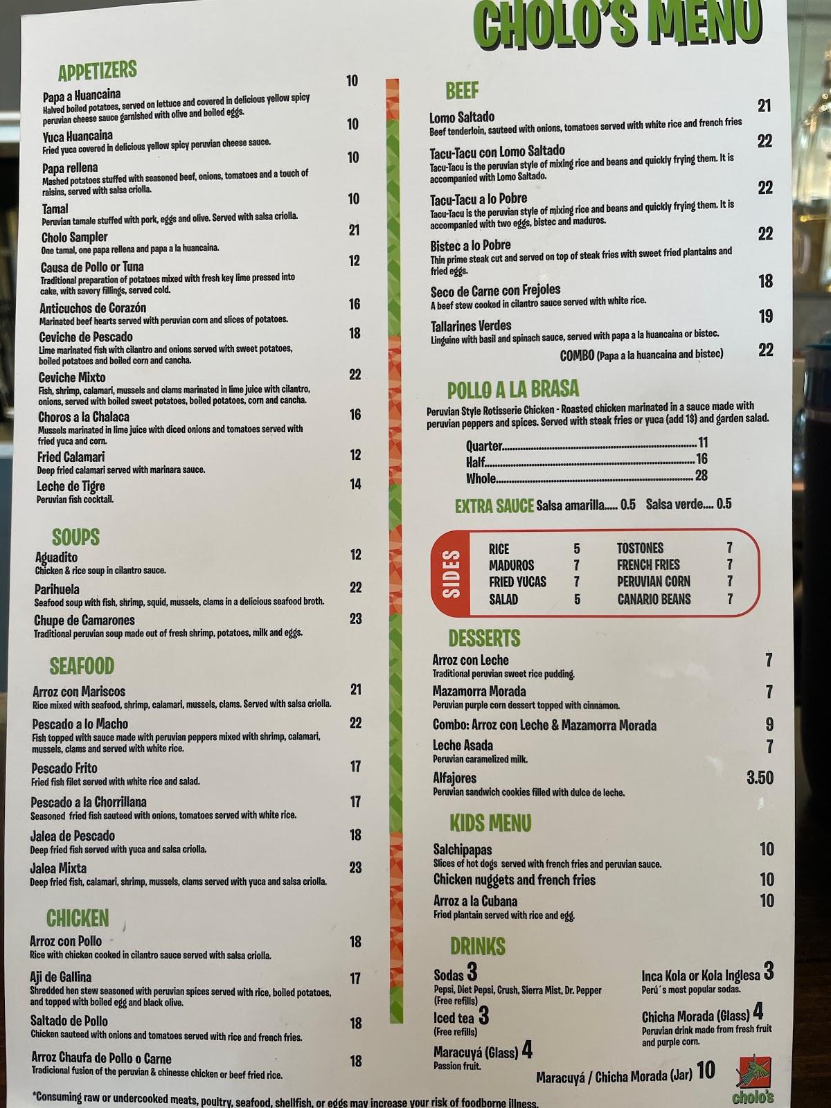 Menu at Cholo's Peruvian Restaurant, Virginia Beach