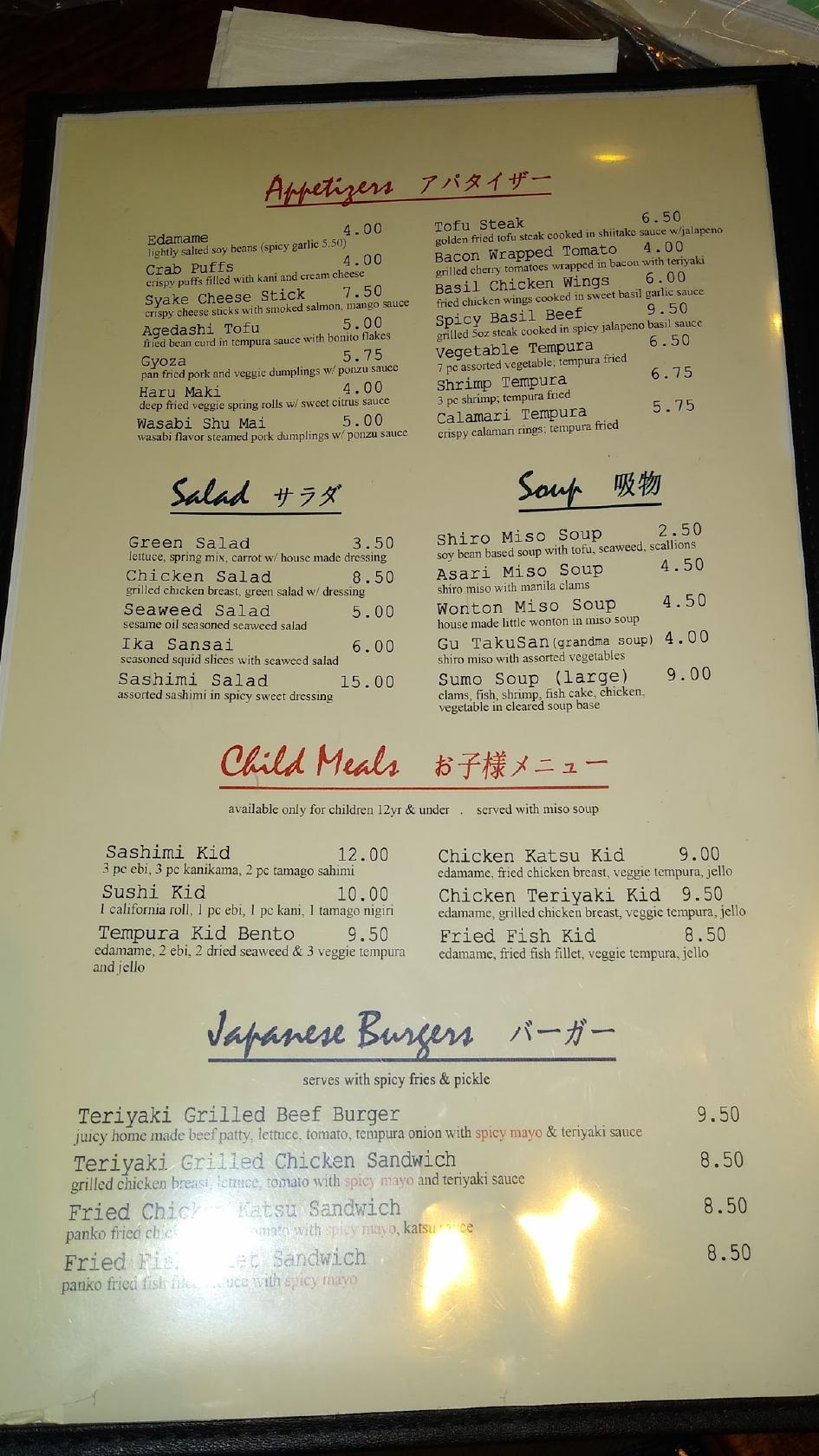 Menu at Fukuda sushi Japanese restaurant, The Woodlands