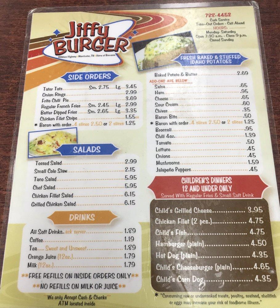 Menu at Jiffy Burger restaurant, Manchester