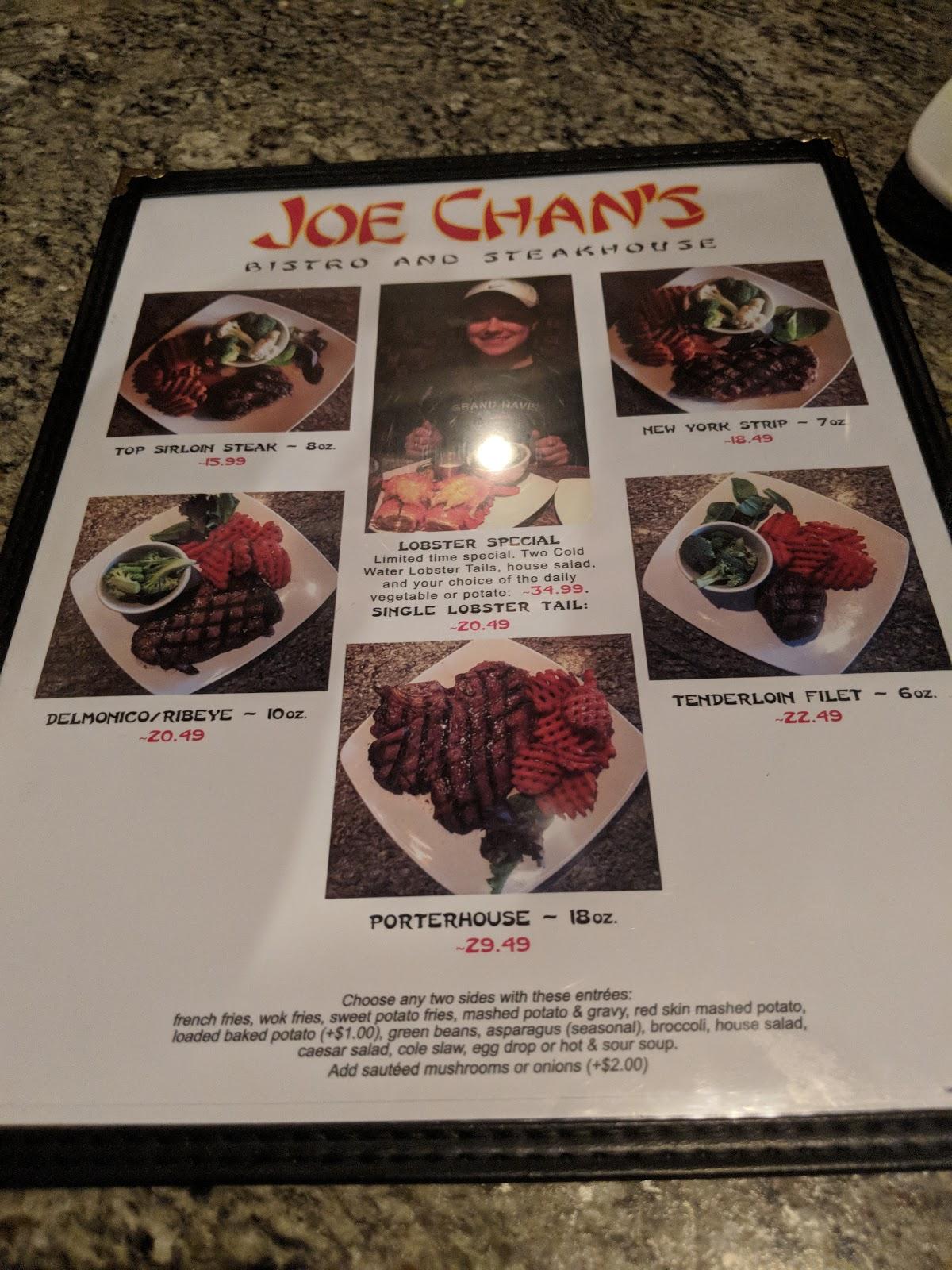 Menu at Joe Chan's Bistro steakhouse, Muskegon