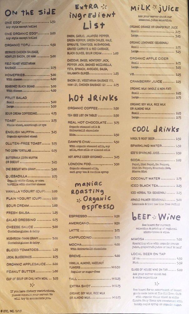 Menu at Old Town Cafe, Bellingham