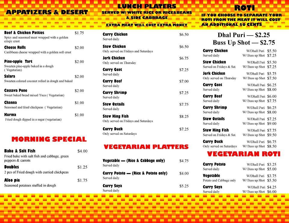 Menu at Marsha’s Taste of Caribbean restaurant, Jersey City