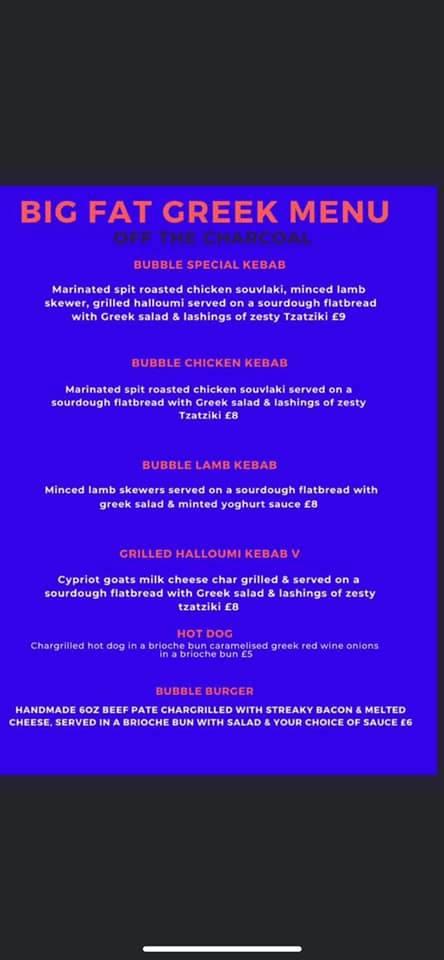 Menu at The Bubble Inn pub & bar, Derby