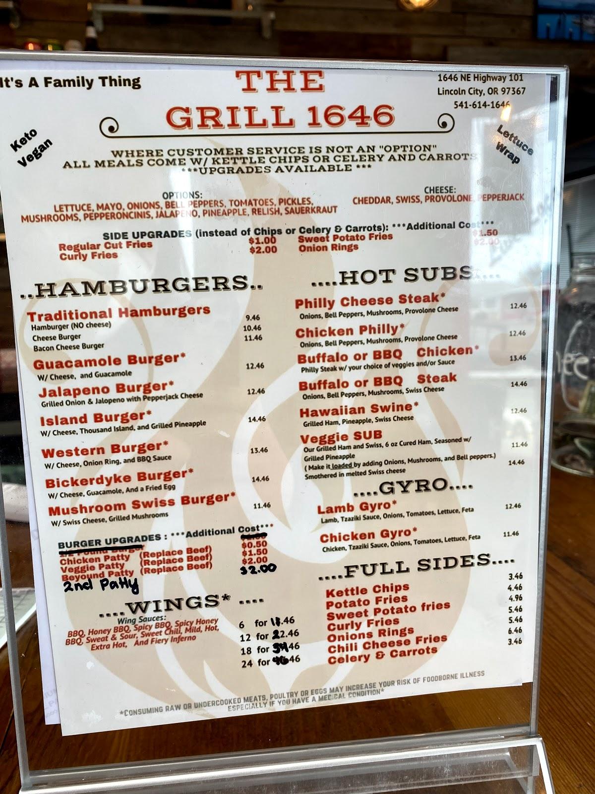 Menu at The Grill 1646 restaurant, Lincoln City