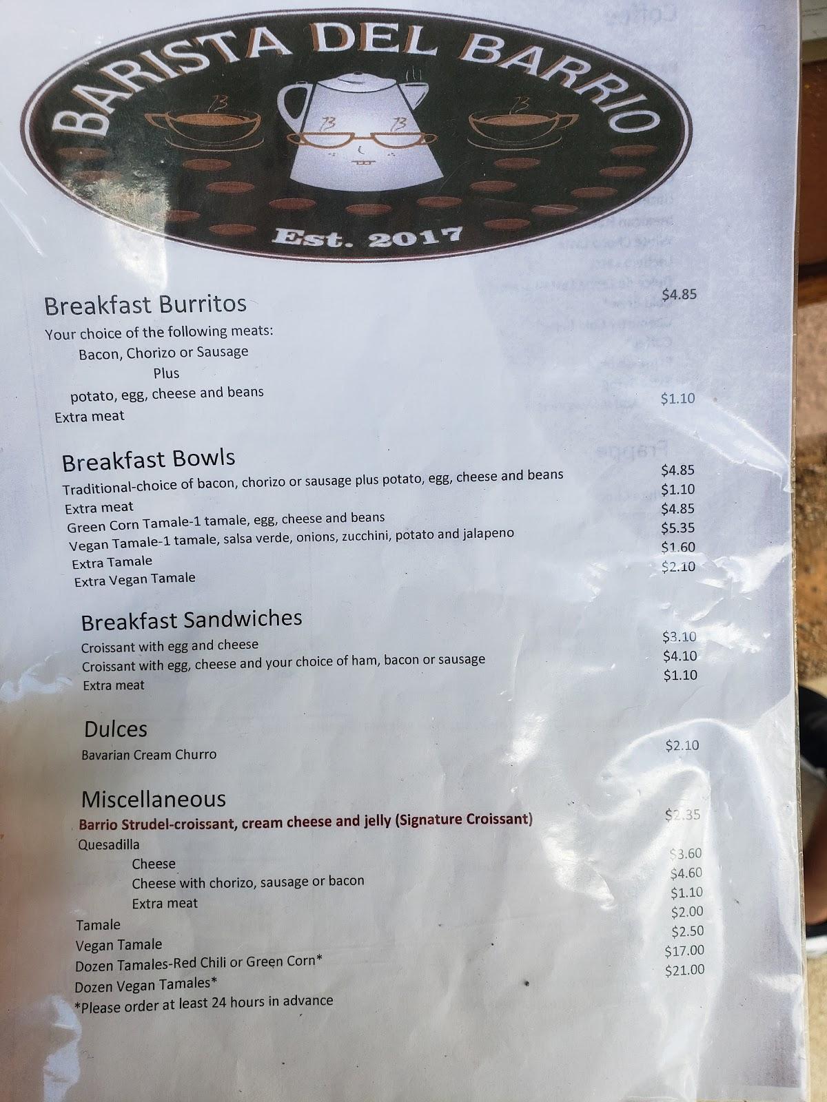 Menu at Barista del Barrio, Tucson