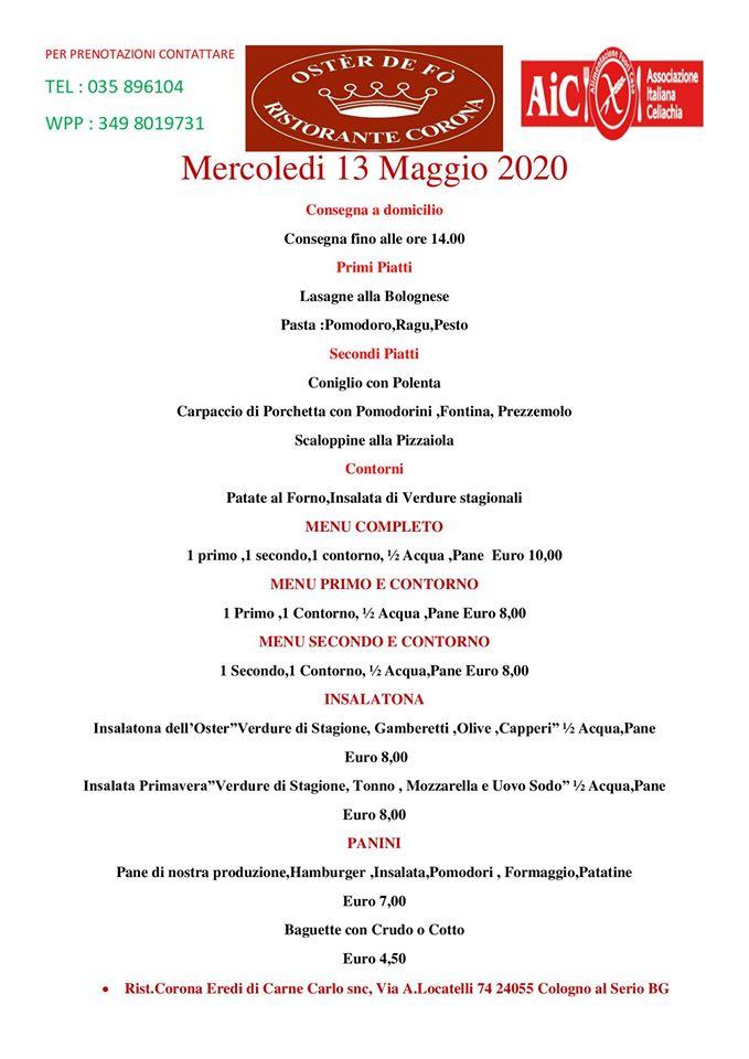 Menu da Ristorante Corona "Oster de fo ", Cologno Al Serio
