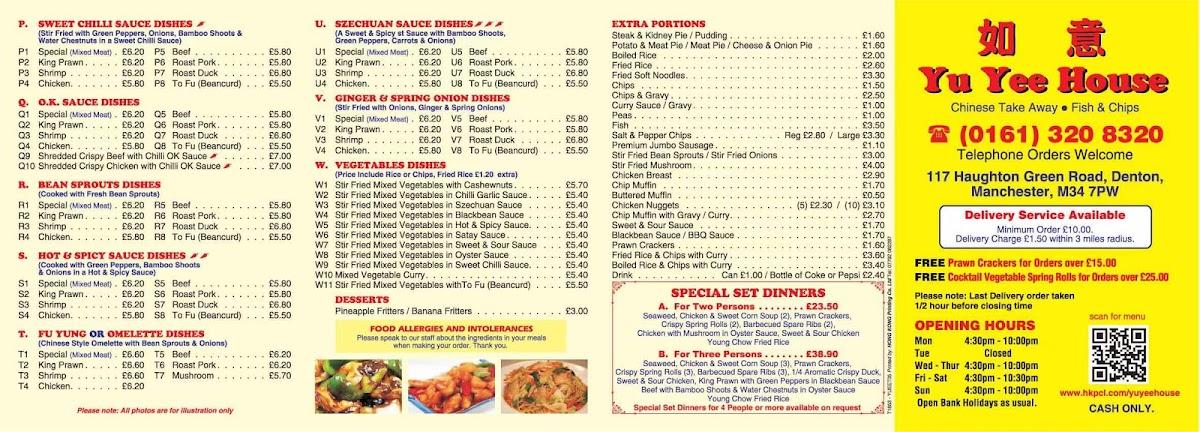 Menu at Yu Yee restaurant, Manchester