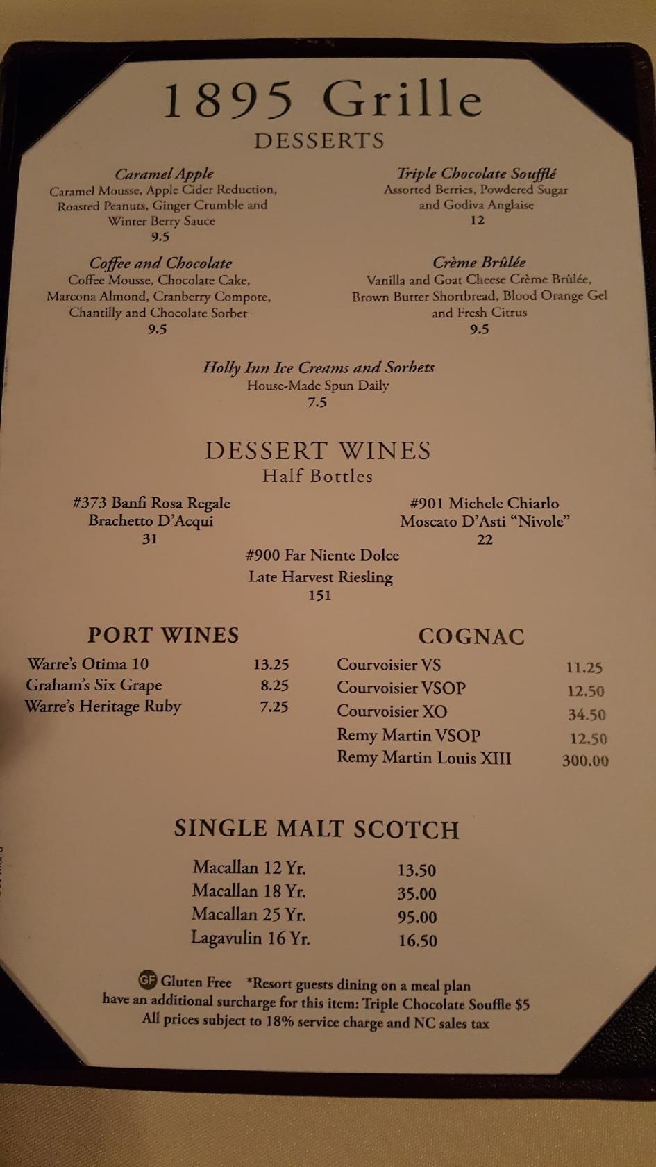 Menu at 1895 Grille restaurant, Pinehurst