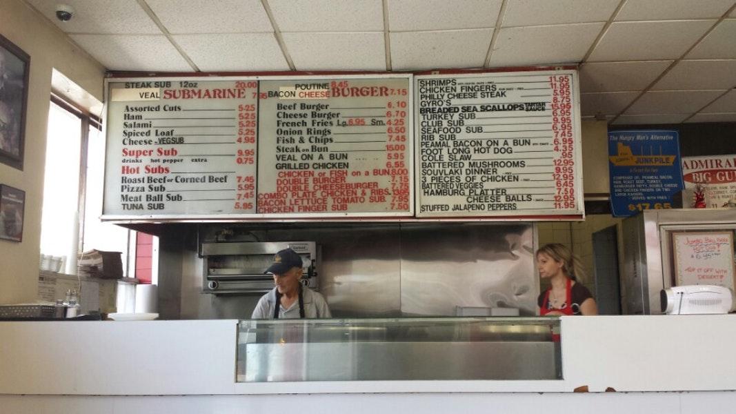 Menu at Admiral Submarine restaurant, Brantford