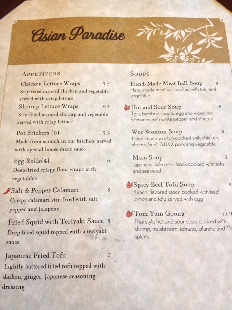 Menu at Asian Paradise restaurant, Reno