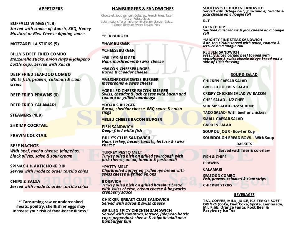 Menu at Billy Smoothboars BBQ, Bandon