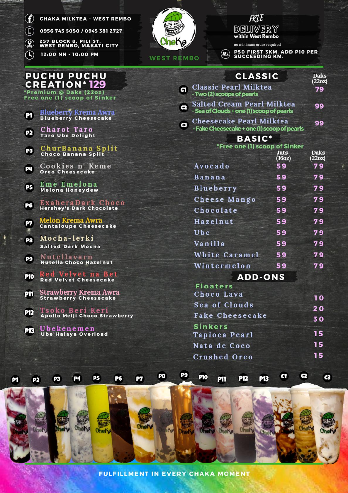 Menu at ChaKa Milktea cafe, Taguig