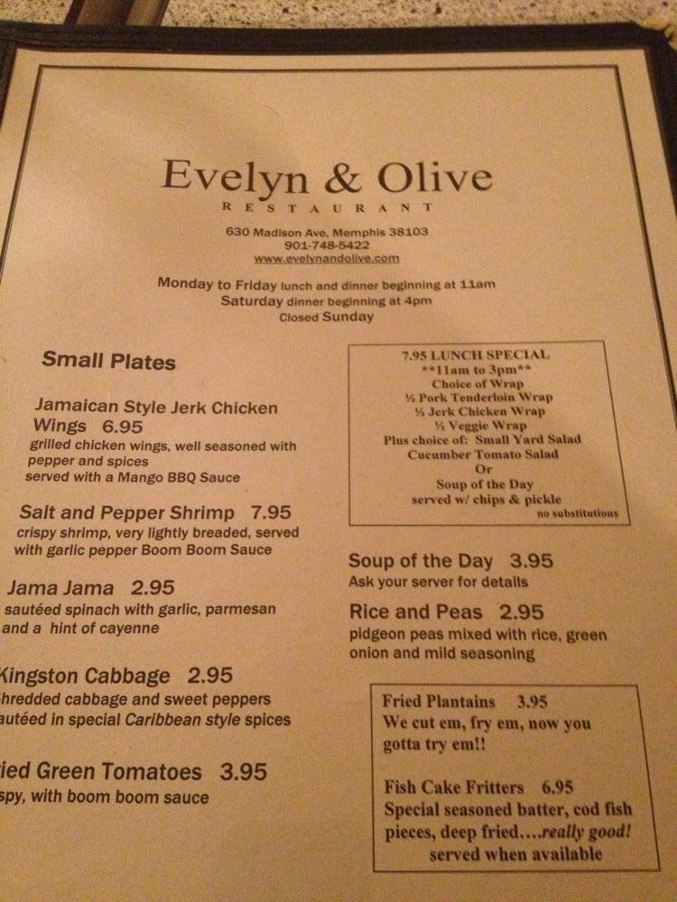 Menu at Evelyn & Olive restaurant, Memphis