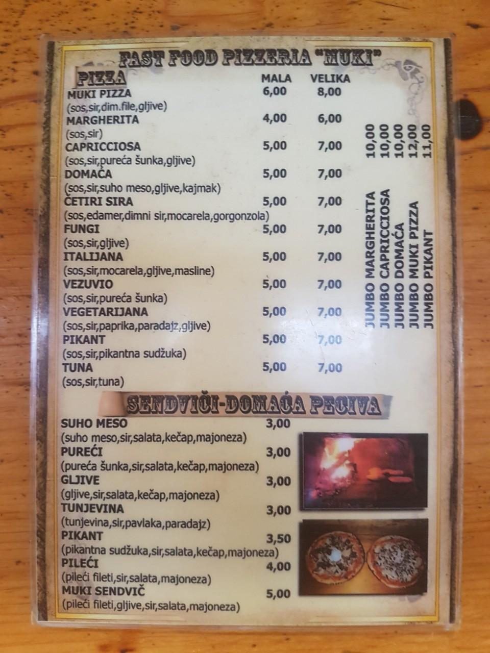 Menu at Fast Food Pizzeria "MUKI", Vogošća