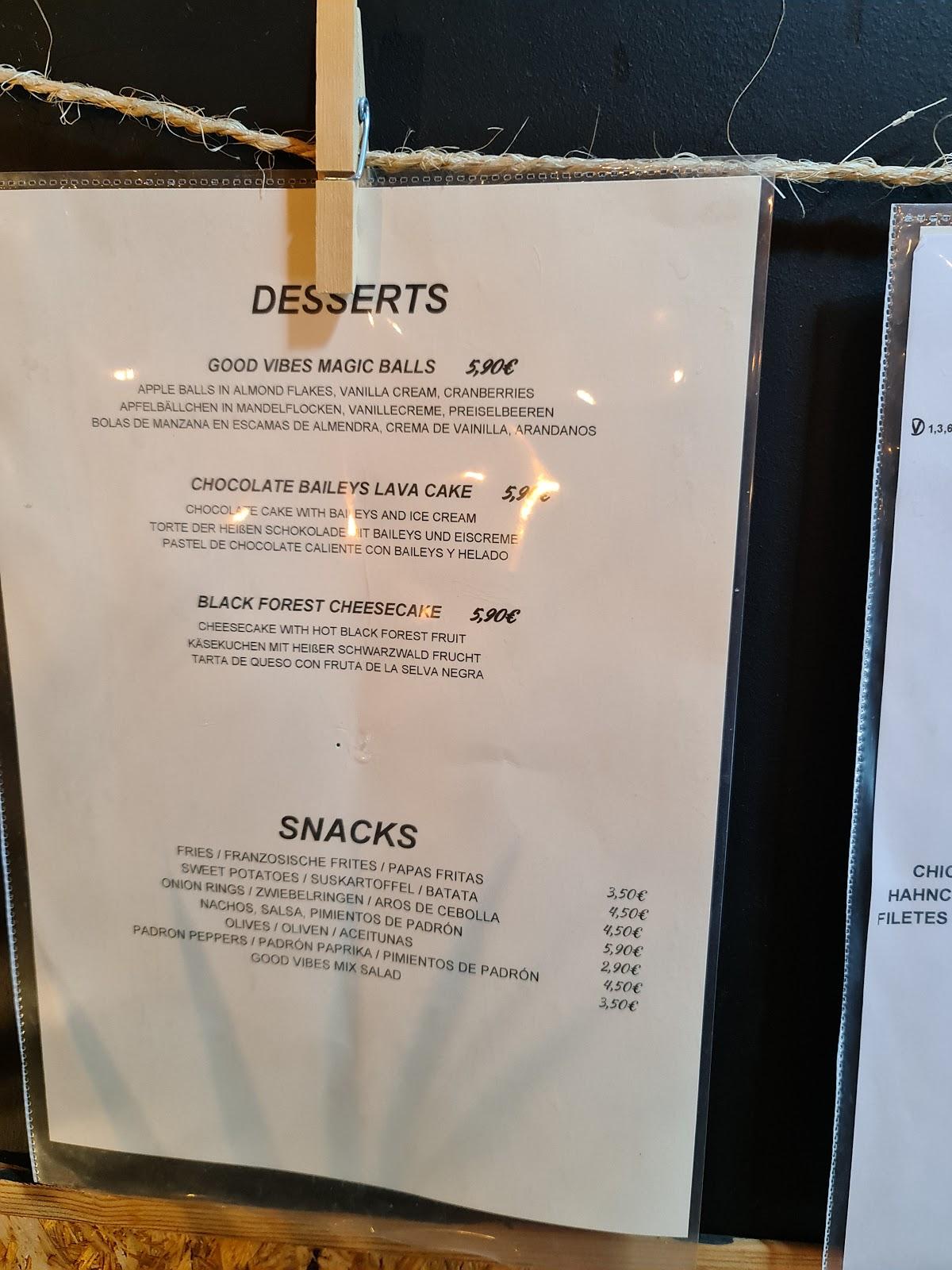 Menu at Good Vibes - cocktail bar and restaurant, Maspalomas
