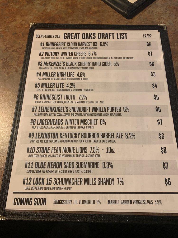 Menu at Great Oaks Tavern restaurant, Wadsworth