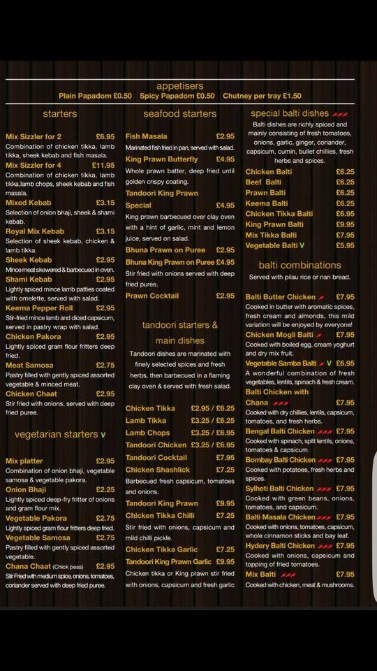 Menu at Haworth Tandoori restaurant, Haworth