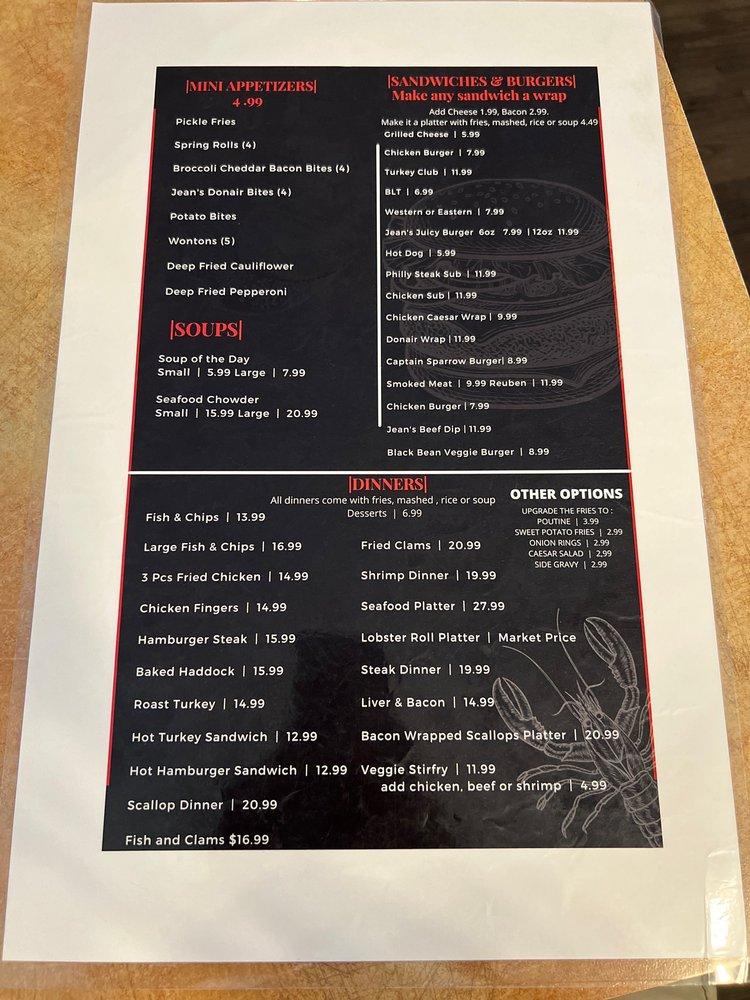 Menu at Jean's restaurant, Moncton, Mountain Rd