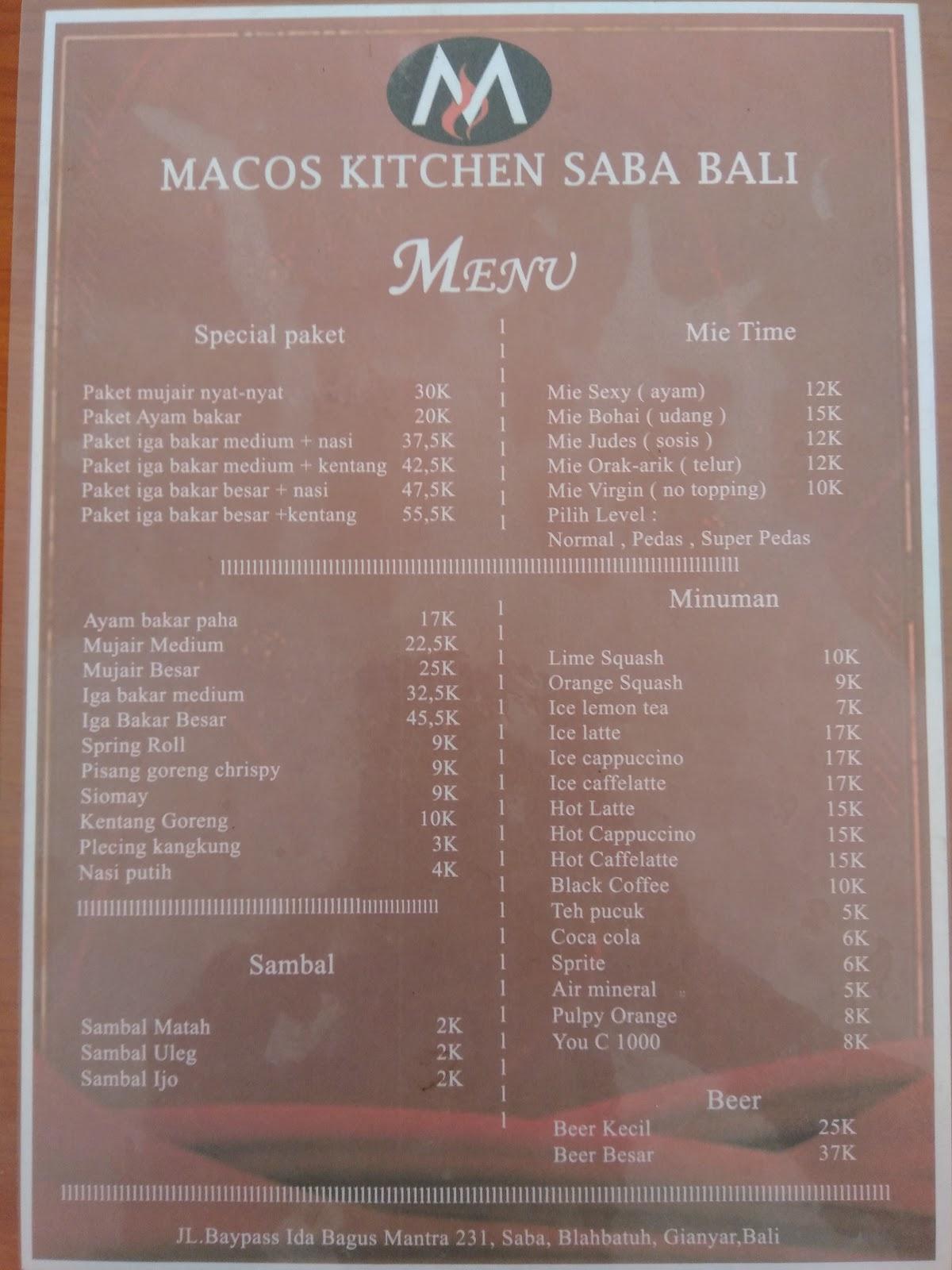 Menu at MACOS KITCHEN SABA restaurant, Saba