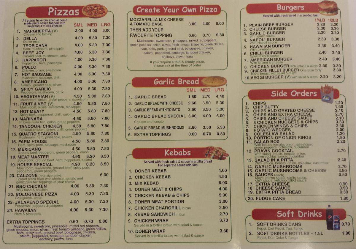 Menu at Pizza Kasra pizzeria, Sheffield