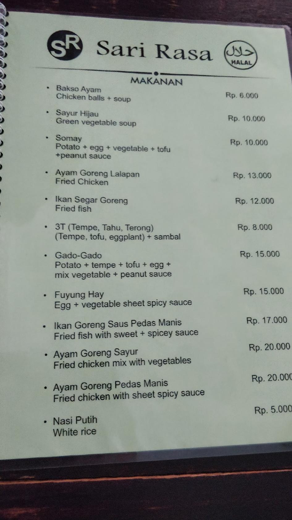 Menu at Sari Rasa restaurant, Ubud