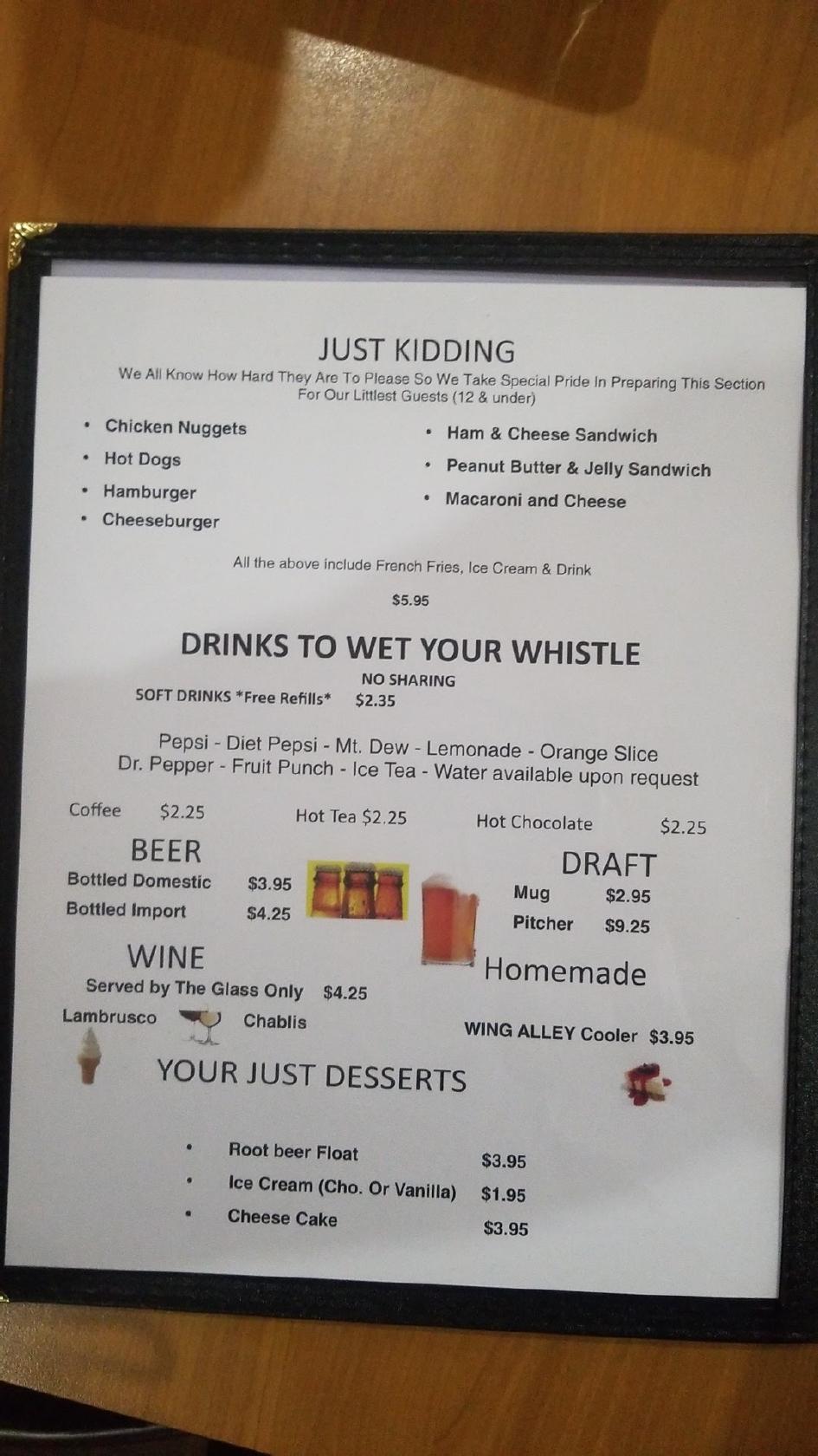 Menu at Wing Alley restaurant, Kissimmee, E Irlo Bronson Memorial Hwy