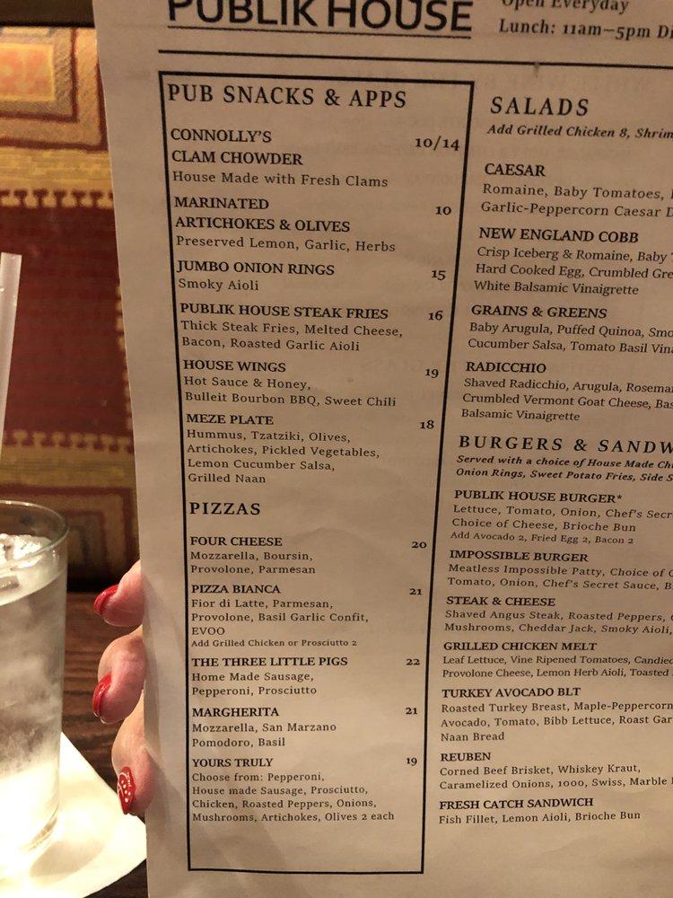 Menu at Connolly's Publik House, Boston, 1 Hotel Dr