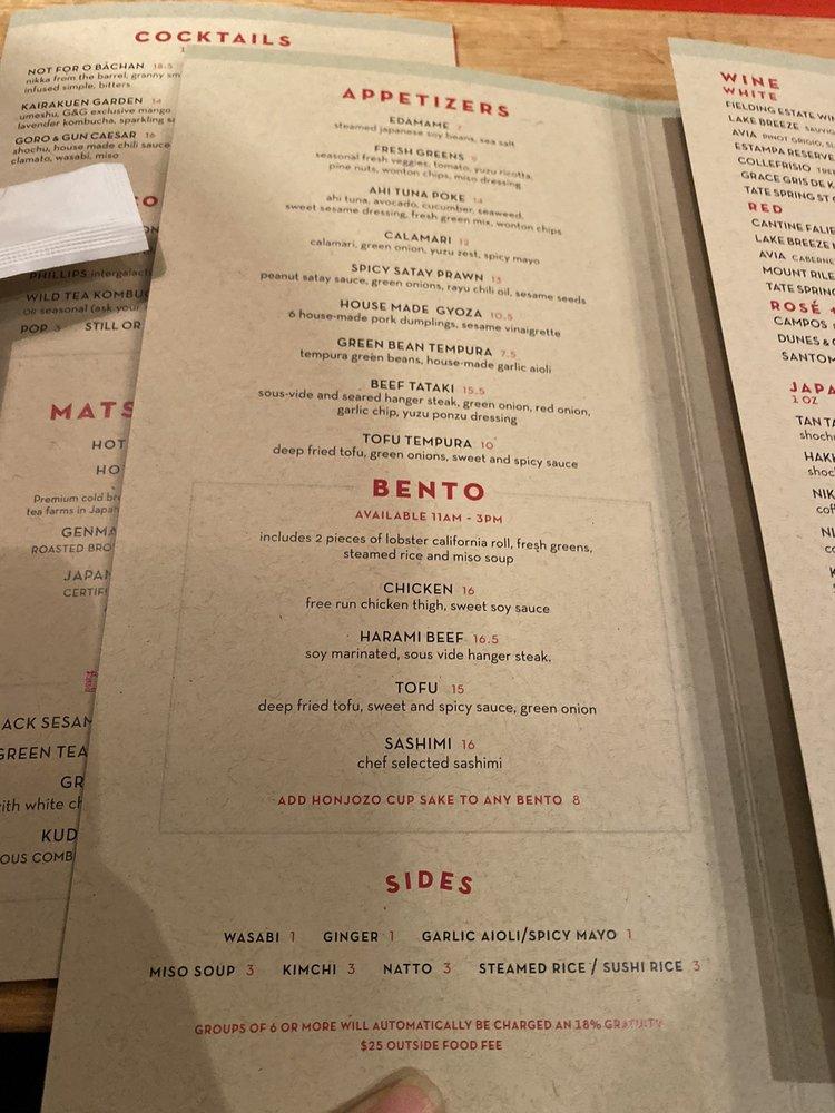 Menu at Goro + Gun restaurant, Calgary