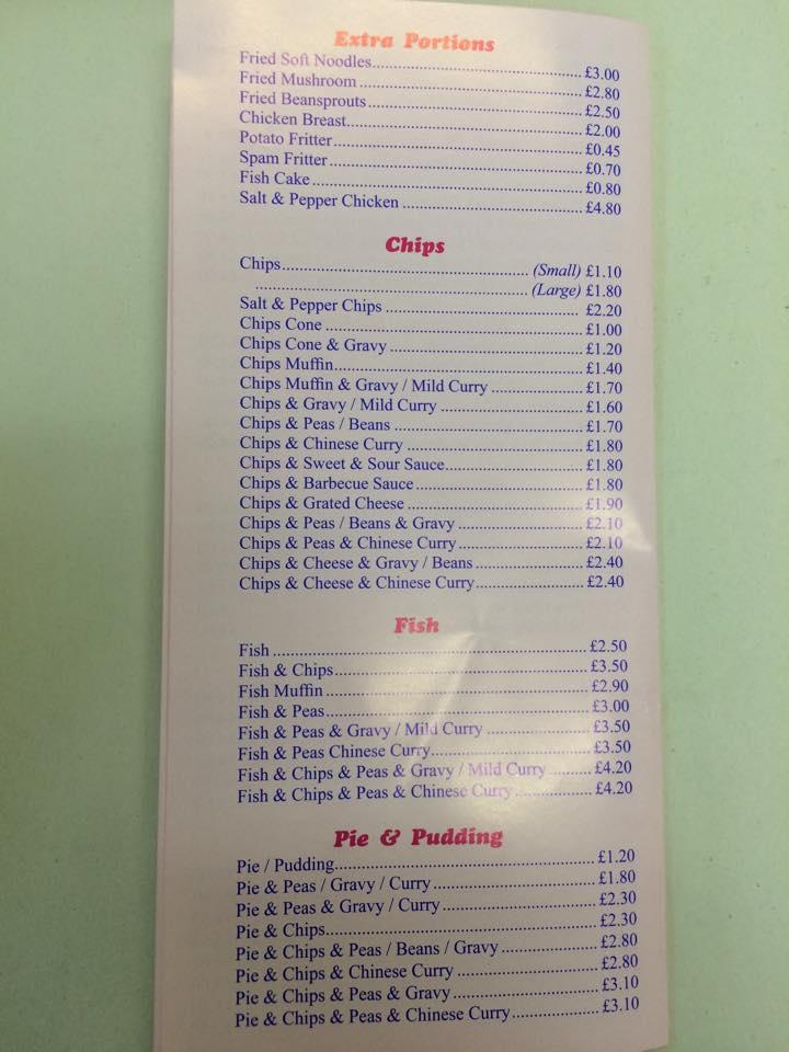 Menu at P.T.'s Chippy restaurant, Oldham