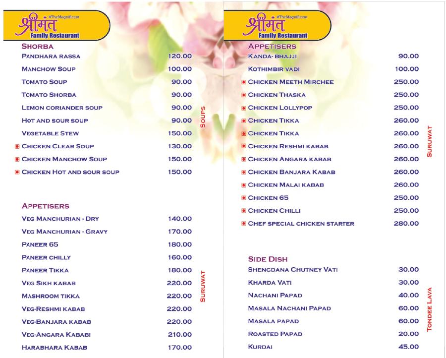 Menu at Shreemant Veg Non Veg family restaurant, Pune
