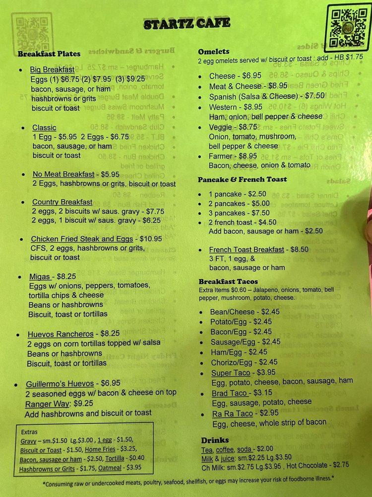 Menu at Startz Cafe, Canyon Lake