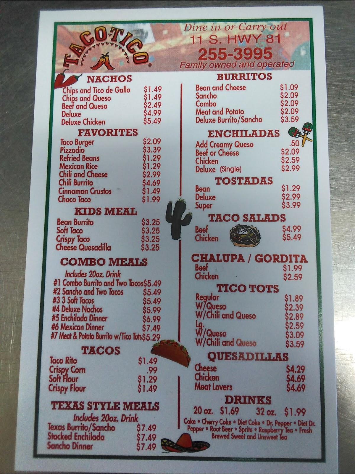 Menu at Taco Tico restaurant, Duncan, 11 US-81