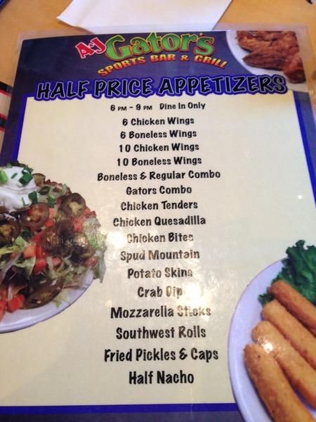 Menu at AJ Gators Sports Bar & Grill, Virginia Beach, Sandbridge Rd