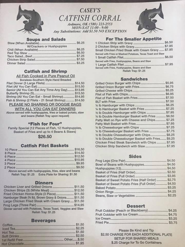 Menu at Casey's Catfish Corral restaurant, Ardmore