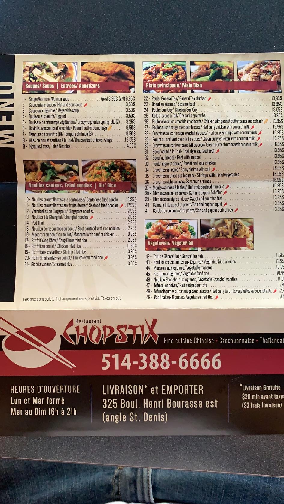 Menu at Chopstix Restaurant, Montreal